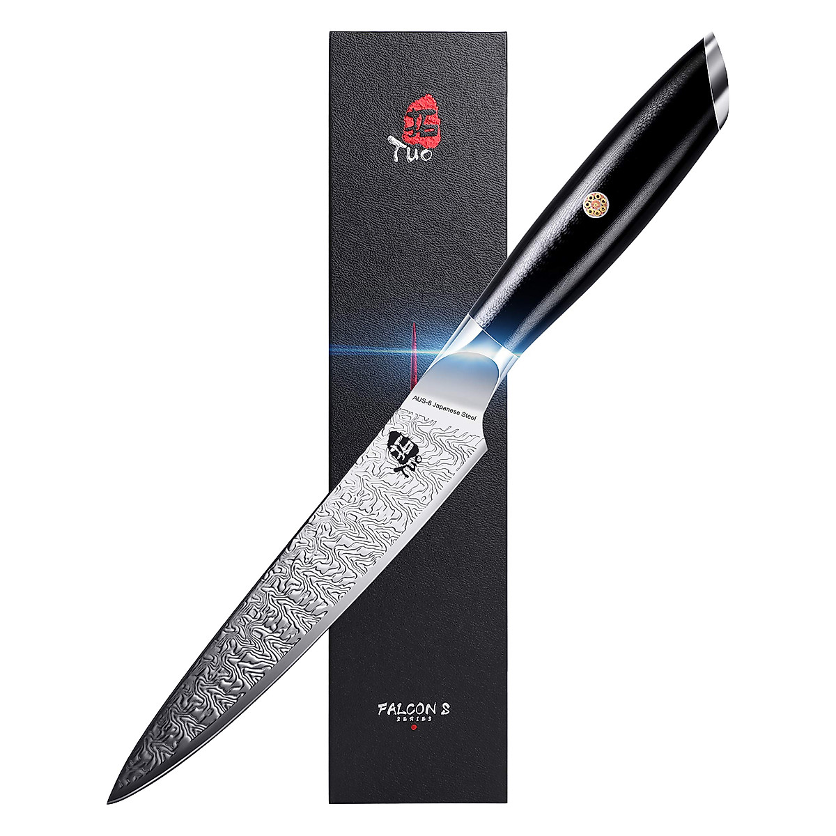 TUO Kitchen Utility Knife, 5 inch Paring Knife, Forged AUS-8 Japanese Steel, Non-Serrated Steak Knife, Ergonomic G10 Full Tang Handle with Gift Box, Falcon S Series