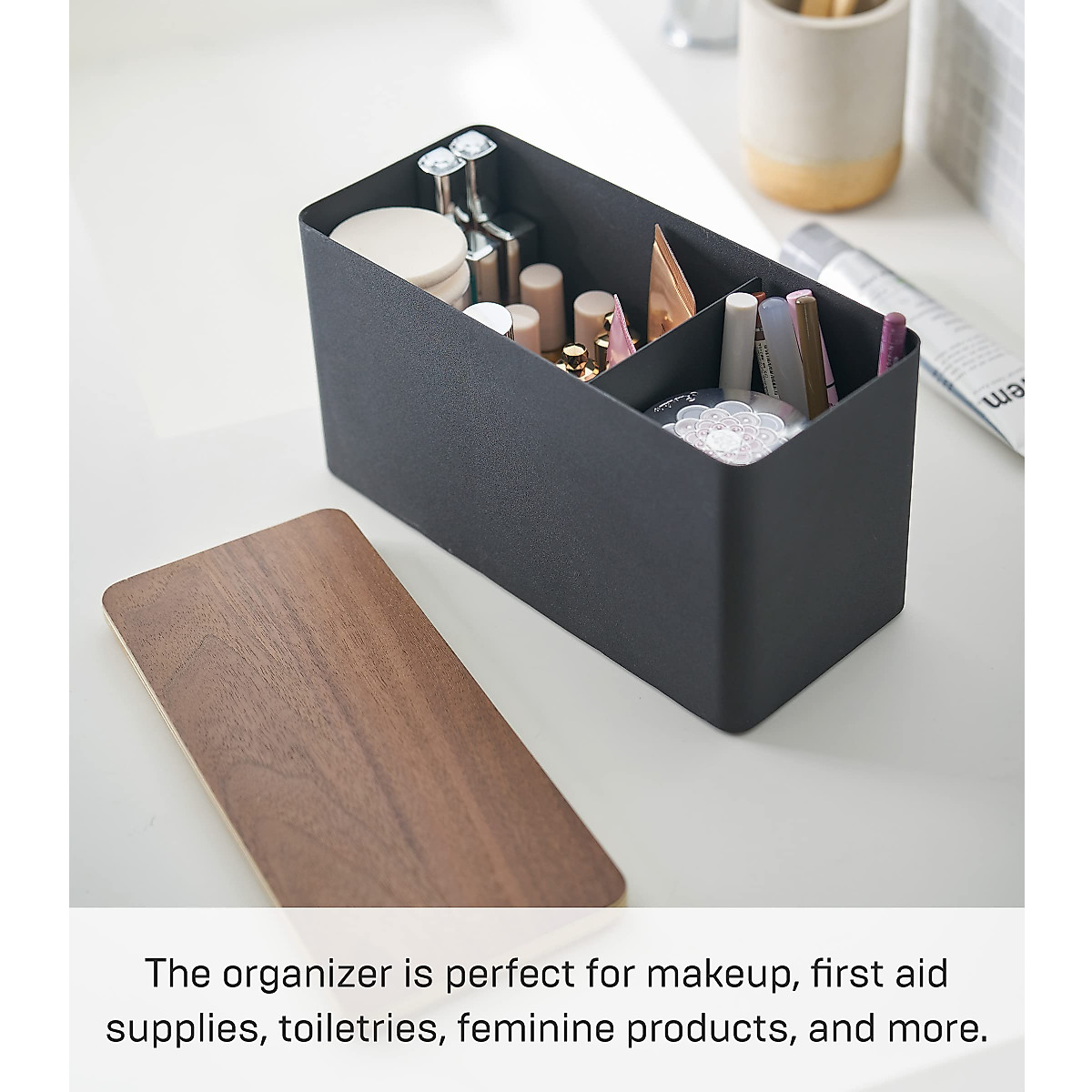 Yamazaki Home Rin Countertop Organizer Bathroom Kitchen Counter Organizer Metal Toiletries Holder - Steel + Wood