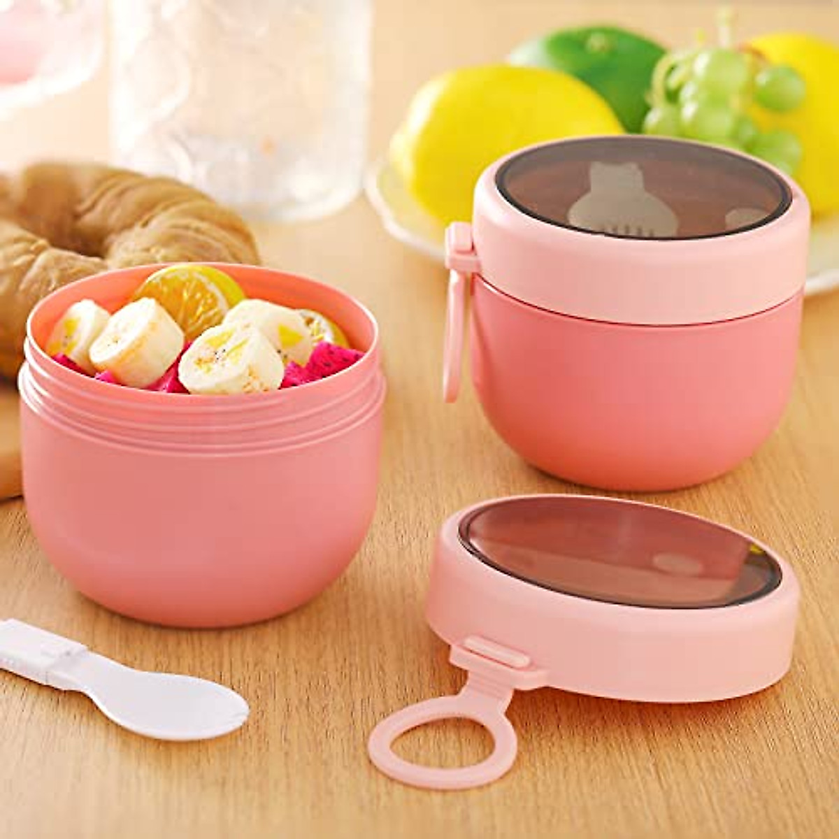 Sunnyray Overnight Oats Container with Lids and Spoons 21 oz Plastic Portable Leak Proof Large Capacity Dessert Cups Cereal Yogurt Container for School student Breakfast (Pink)
