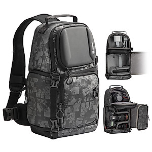 TARION Camera Sling Bag DSLR Sling Backpack for Men Women Photographers with Waterproof Raincover Tripod Holder Sling Pack Camera Bag Backpack Photography Slingpack Crossbody Bag Gray and Black TR-S