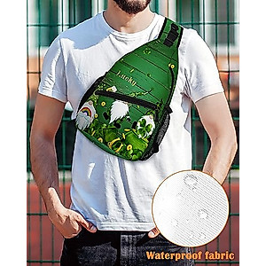Sling Backpack, St.Patrick's Day Shamrocks Gnome Green Wood Grain Waterproof Lightweight Small Sling Bag, Travel Chest Bag Crossbody Shoulder Bag Hiking Daypack for Women Men