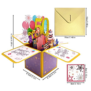 Happy 50th Birthday Cards 50th Birthday Greeting Card 50th Gift Card Birthday Pop Up Cards with Note Card and Envelope 50th Birthday Gifts for Women, Wife, Mother Gifts Box 3D Popup Birthday Cards