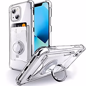 Shields Up Designed for iPhone 13 Case, Minimalist Wallet Case with Card Holder and Ring Kickstand/Stand, [Drop Protection] Slim Protective Cover for Apple iPhone 13 (6.1 inch) - Clear