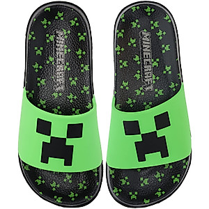 Minecraft Boys' Sport Slide Sandals, Indoor Outdoor Pool Slide, Black/Green, Size 12/13 Little Kid
