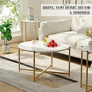 DKLGG Coffee Table Set of 3, Modern Round Coffee Table & 2pcs End Table Faux Marble Tabletop with Gold Cross Base Frame, Modern Living Room Table Sets for Apartment, Small Space (Gold)