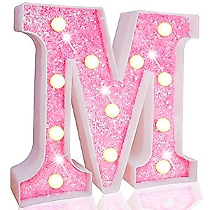 Pooqla LED Marquee Letter Lights, Light Up Pink Letters Glitter Alphabet Letter Sign Battery Powered for Night Light Birthday Party Wedding Girls Gifts Home Bar Christmas Decoration, Pink Letter M