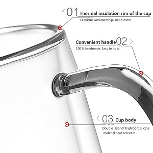 Huada Double Wall Insulated Borosilicate Glass Mugs Modern Espresso Cups, 10-Ounce, Set of 2