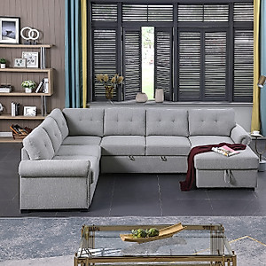 Sleeper Sofa with Pull Out Couch 6 Seater Modular Sectional Sleeper Sofa Bed with Storage Chaise, Fabric Sofa Sleeper Couch with Pullout Bed