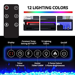 Cozy Castle Extra Long 73.2" Fireplace TV Stand up to 85" TV, High Gloss Entertainment Center with 30" Electric Fireplace, LED Lights and 2 Storage Cabinets, Modern Media Console with Charging Station