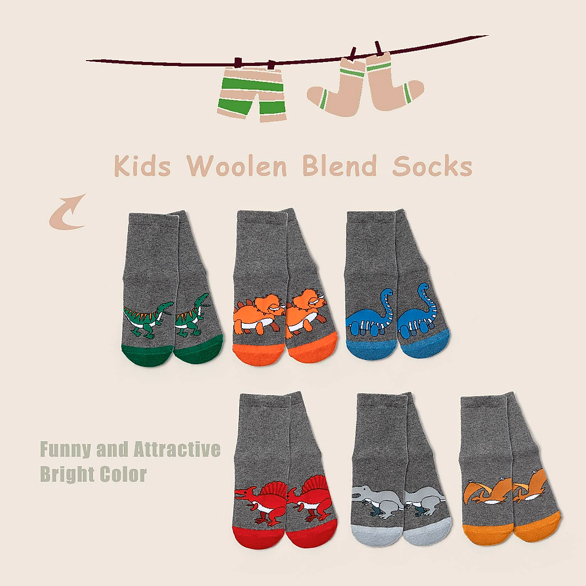 HowJoJo Toddler Boys Wool Socks Kids Winter Warm Socks Dinosaur Crew Socks 6 Pack 3t-4t/4t-5t