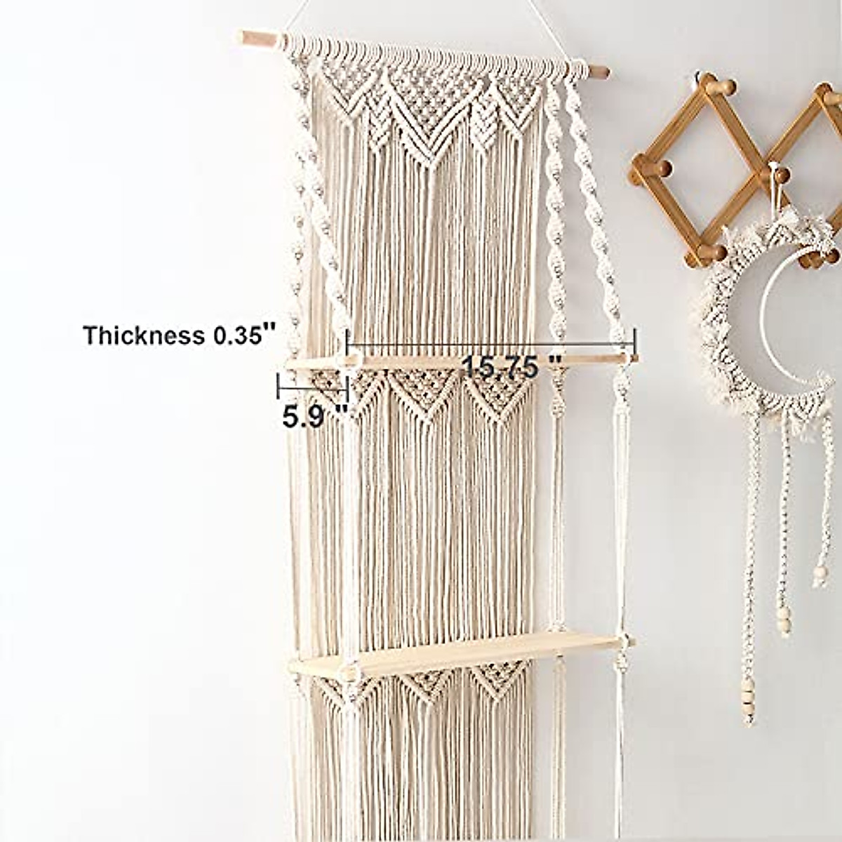 ELASAD Macrame Wall Hanging Plant Shelf, 3-Tier Macrame Shelves Boho Bathroom Shelf, Handmade Boho Floating Shelves for Plants and Decor