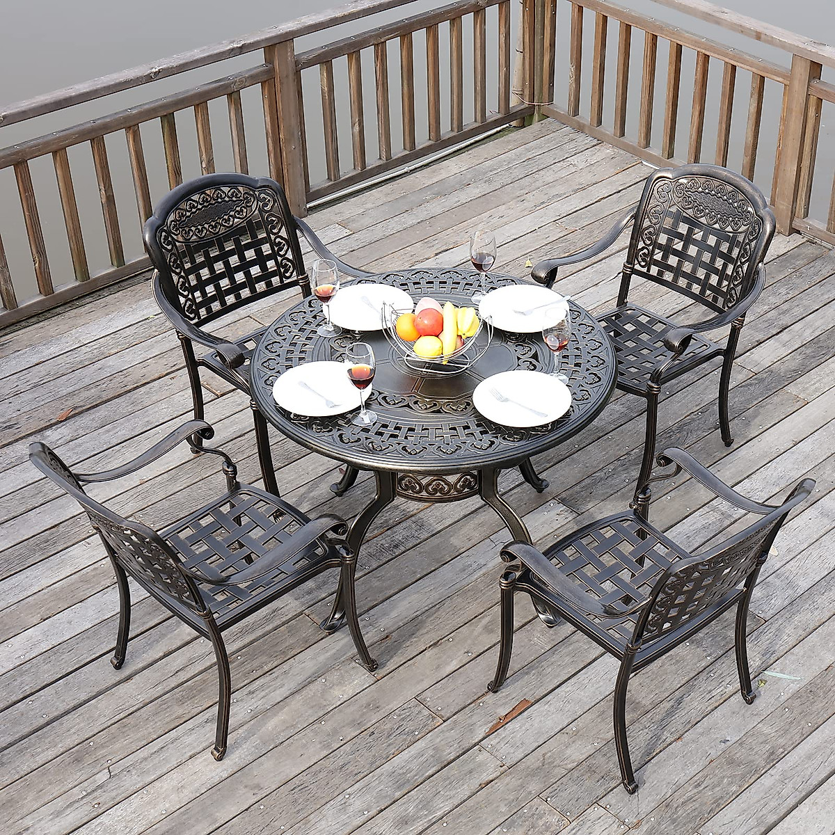 VIVIJASON 5-Piece Outdoor Patio Furniture Dining Set, All-Weather Cast Aluminum Conversation Set, Include 4 Chairs and 38.5" Round Table w/Umbrella Hole for Balcony, Lawn, Garden, Backyard