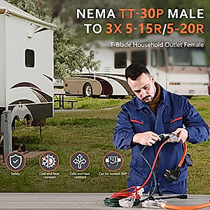 boeemi 30 Amp to 110 Adapter Rv Plug Adapter,30 Amp TT-30P to 3X 5-15R/5-20R 15 Amp/20 Amp RV Power Adapter, STW 10/3 with LED Power Indicator (12 inch)