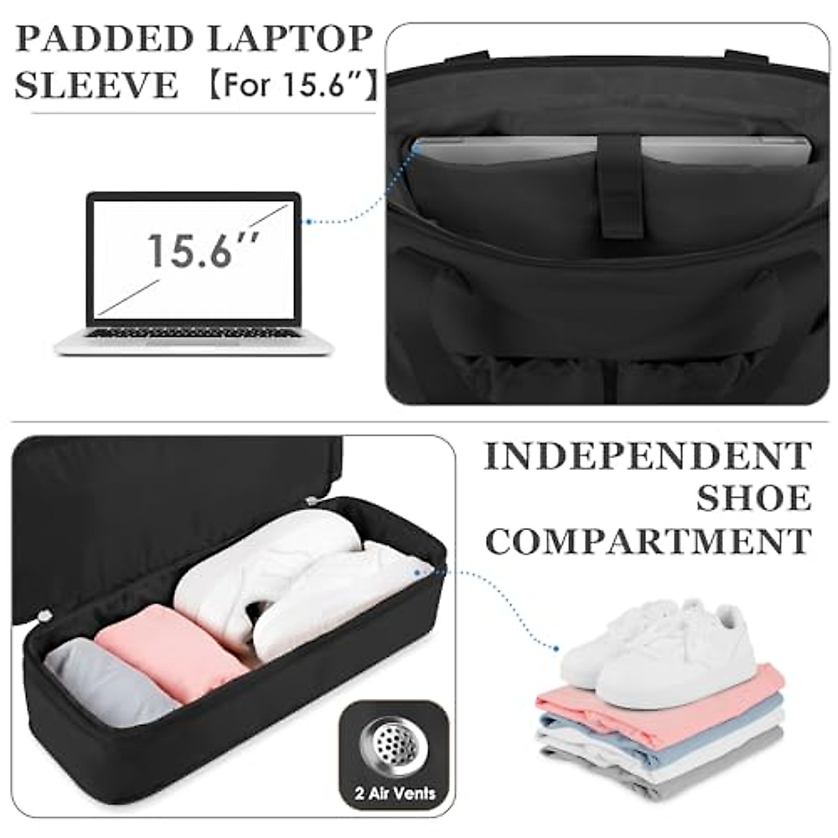 ETRONIK Weekender Bag for Women, Travel Duffel Bag with Shoes Compartment, Carry on Bags Fit 15.6" Laptop, Personal Item Bag for Airplanes, Sport Duffel Bag Overnight Bag with Toiletry Bag, Black