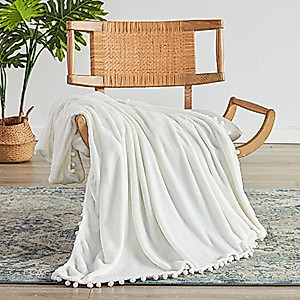 BEAUTEX Fleece Throw Blanket with Pompom Fringe, White Flannel Blankets and Throws for Couch, Super Soft Cozy Lightweight Plush Throw Blanket (50" x 60")