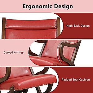 Giantex Rocking Chair with Cushion, Modern PU Leather Rocker, Rubber Wood Frame, Ergonomic Backrest Armrest, Single Rocking Chair for Nursery Living Room Bedroom Lounge Office, Red