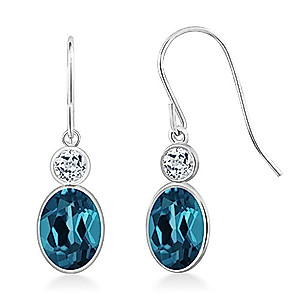 Gem Stone King 14K White Gold London Blue Topaz and White Topaz Hook French Fish Ear Wire Dangle Earrings For Women (2.08 Cttw, Gemstone November Birthstone, Oval 7X5MM, Round 3MM)