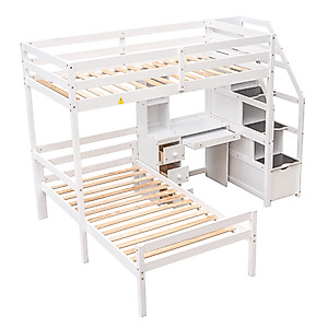 BIADNBZ Twin Over Twin Bunk Bed with Desk, Stairs, Storage Drawers and Shelves, Wood L-Shaped Bunkbed with Convertible Design, for Kids Teens Bedroom, White