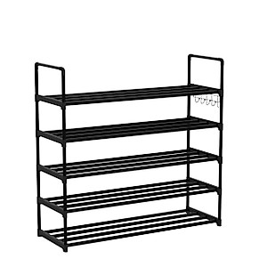 Hsscblet 5 Tiers Metal Shoe Rack,Adjustable Shoe Shelf Storage Organizer with Hooks,Stackable Boot & Shoe Storage,for Entryway,Hallway,Closet,Black