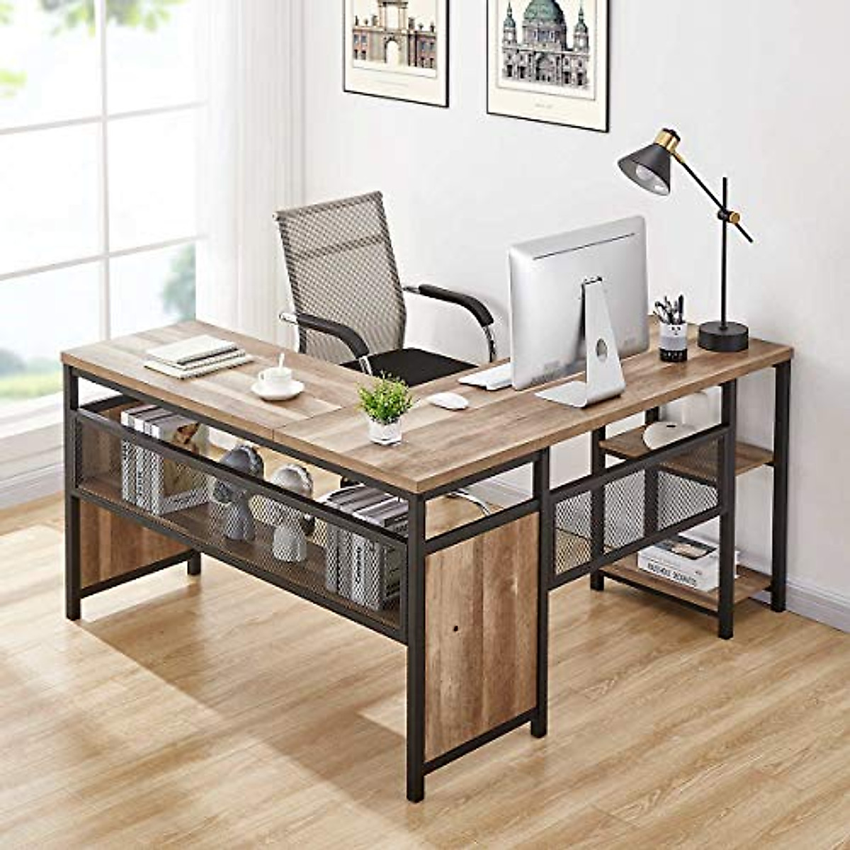 FATORRI L Shaped Computer Desk, Industrial Office Desk with Shelves, Rustic Wood and Metal Corner Desk for Home Office (Rustic Oak, 59 Inch)