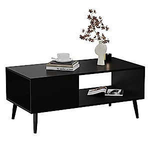 Yusong Modern Wood Coffee Table for Living Room, Retro Mid-Century Center Tables Cocktail Table with Storage Shelf for Reception, Black