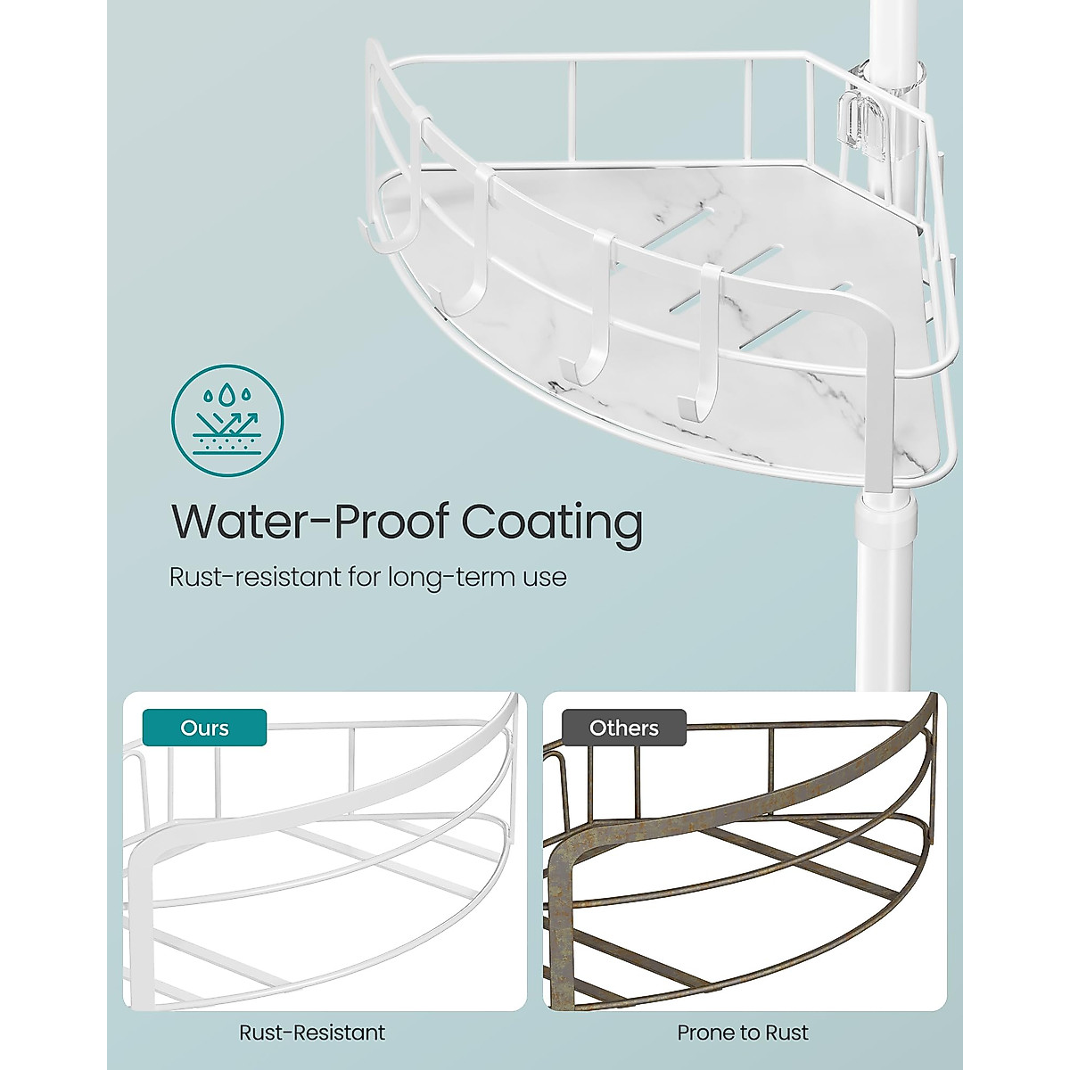 SONGMICS Corner Shower Caddy Tension Pole, 4-Tier Rust-Resistant Shower Organizer, Shower Shelf, No Drilling, 31.5 to 127.2 Inches, Height Adjustable Shelves, for Bathroom, Cloud White UBCB003W01