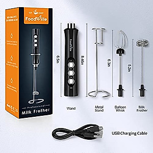 FoodVille MF02 Rechargeable Milk Frother Handheld Foam Maker with Stainless Whisk for Cappuccino, Latte, Bulletproof Coffee, Keto Diet, Protein Powder, Matcha