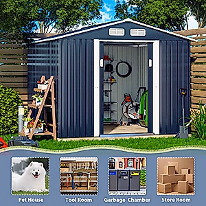 HOGYME Storage Shed 8' x 8' Outdoor Garden Shed Metal Shed Suitable for Storing Garden Tool Lawn Mower Ladder Grey