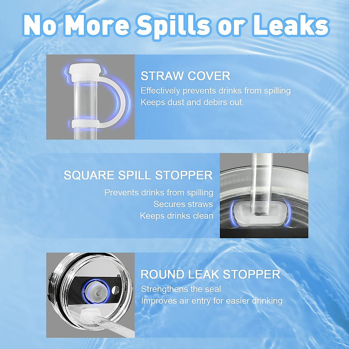 Pyard Upgraded 6Pcs Silicone Spill Proof Stopper Set, Accessories for Stanley Cup 1.0/H2.0 Tumbler 20oz/30oz/40oz, Straw Cover Cap for Stanley, Square Spill Stopper, Round Leak Stopper for Stanley