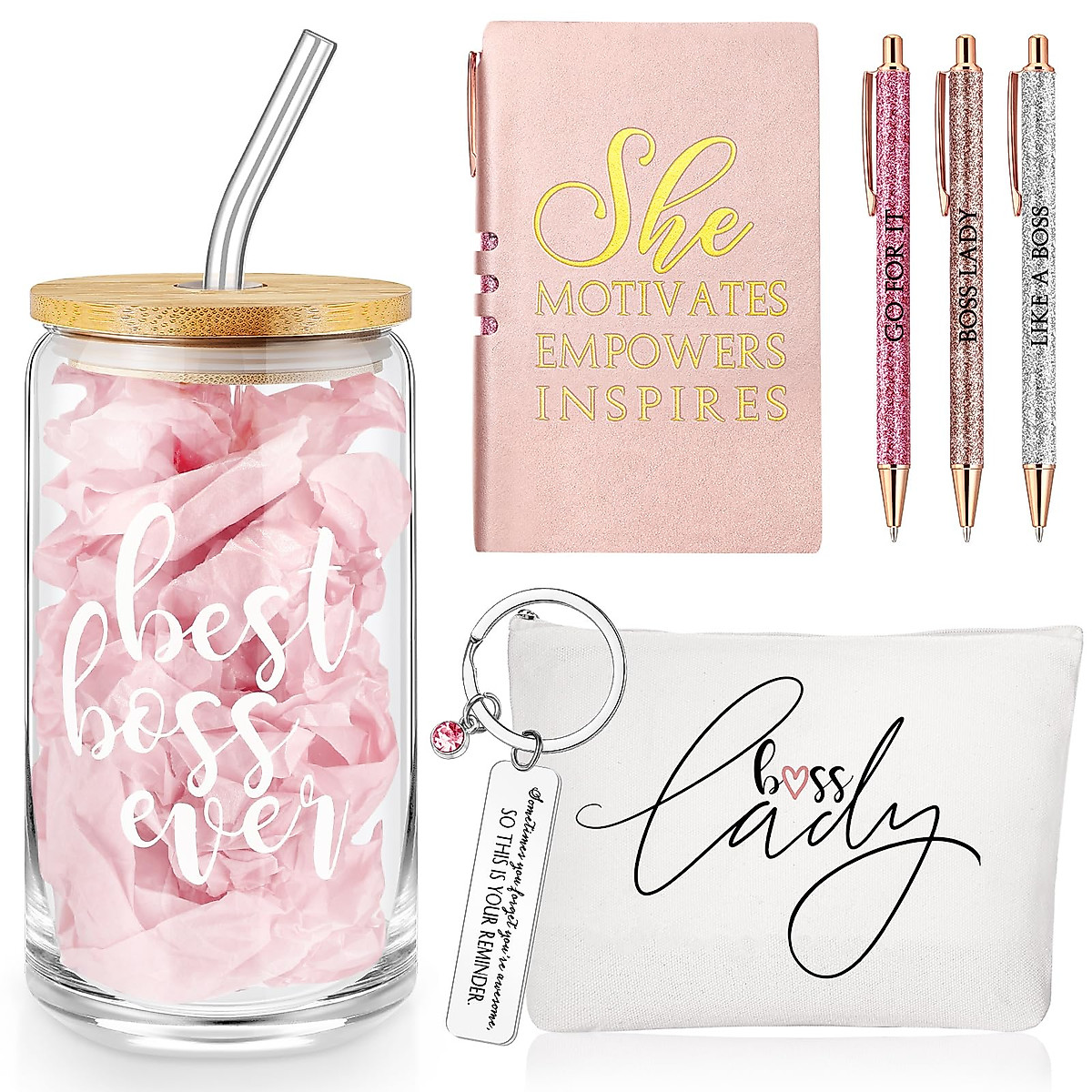 SiliFine 7 Pcs Boss Day Gift Sets Lady Thank You Gifts for Women Best Boss 16oz Glass Cup Makeup Bag Keychain A6 Notepad with 3 Ballpoints Pen Lady Leader Appreciation Day Christmas Favor(Pink)