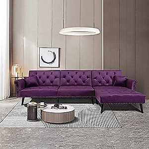 Velvet Convertible Sectional Sofa Bed Sleeper with Reversible Chaise and Pillows Comfy Velvet Fabric L-Shaped Reversible Reclining Sofa with 3 Seats and Pillows (Purple)
