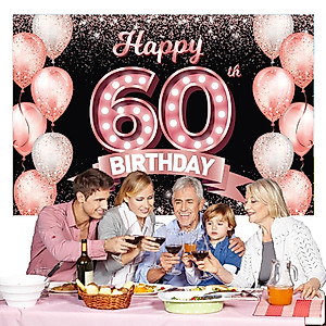 Happy 60th Birthday Rose Gold Banner Backdrop Cheers to 60 Years Old Confetti Balloons Theme Decor Decorations for Women 60 Years Old Pink Birthday Party Bday Supplies Background Favors Gift Glitter