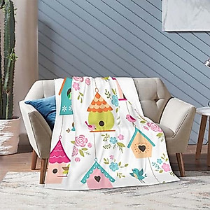 Throw Blanket 60x80 Inch,Floral Birds Houses Home Flannel Soft Cozy Fluffy Throw Blankets and Warm Throws for Adults in Couch Sofa Bed 60x50 Inch