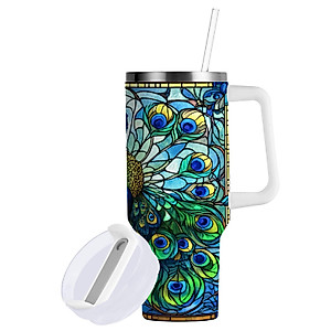 RPLIFE Peacock Stained Glass 40 Oz Tumbler with Handle, Stainless Steel Tumbler with Straw, Coffee Tumbler for Women
