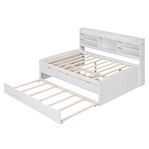 Aiuyesuo Classic Full Size Captain Bed with Built-in Bookshelves,3 Storage Drawers and Trundle,Solid Wood Daybed Frame with Storage Headboard for Kids Teens Adults (White-kks9)