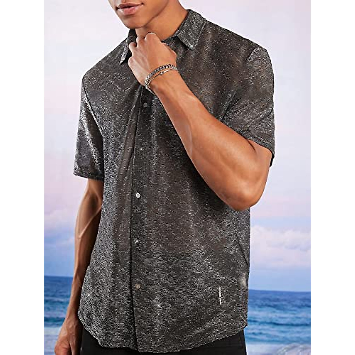 WDIRARA Men's Contrast Glitter Button Front Shirt Stand Collar Shirt Short Sleeve Tops Black XL