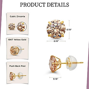 Jewelili Solitaire Stud Earrings in 10K Yellow Gold with 6MM Round Cut Champagne Cubic Zirconia
