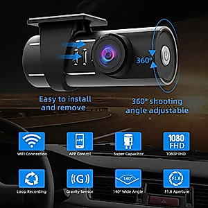 Dash Cam WiFi 1080P FHD,Super Capacitor Mini Dashcam Front,ERIDAX Dash Camera for Cars with APP,360 Degree Rotation,Night Vision,140° Wide Angle,G-Sensor,WDR,F1.8 Aperture,Loop-Recording