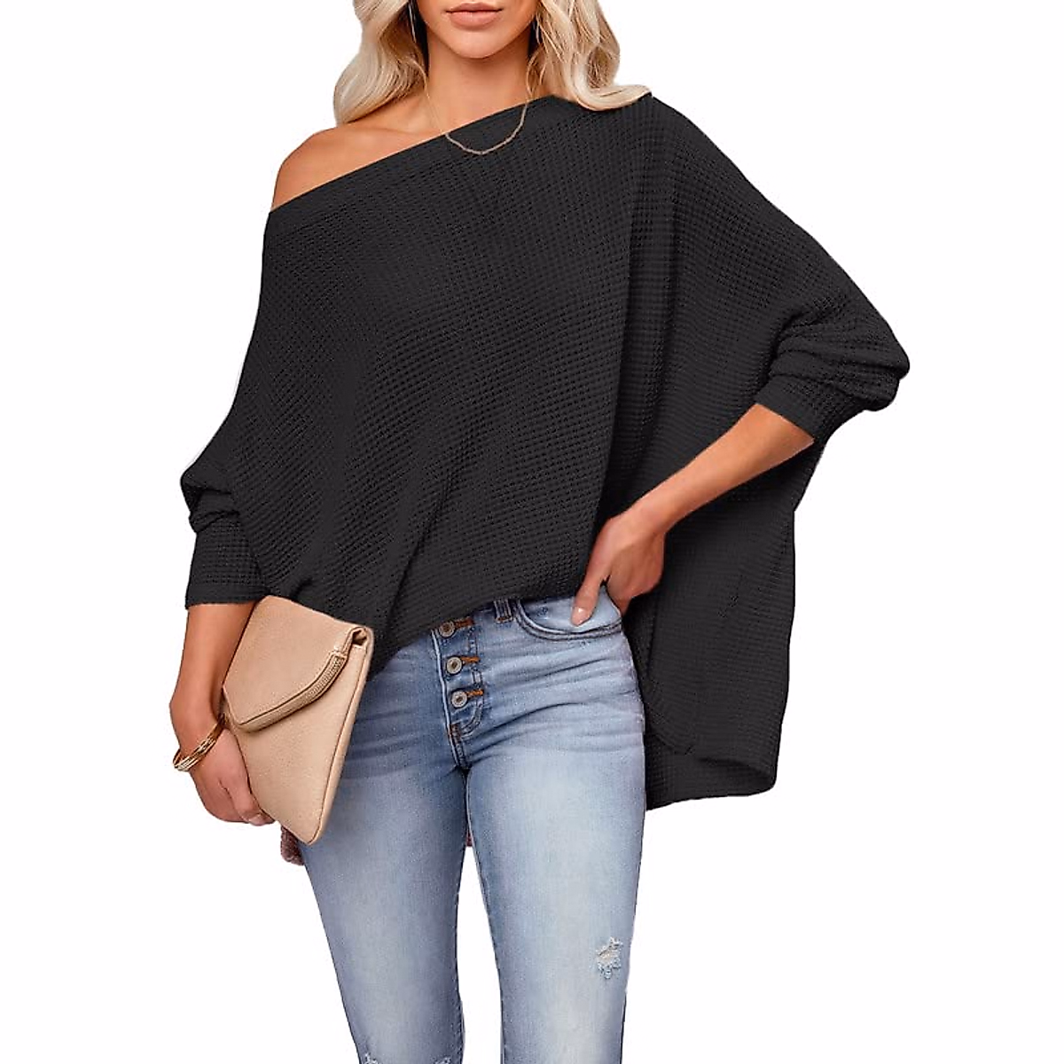 Dokotoo Women's Long Sleeve Waffle Knit Tops Boat Neck Casual Loose Fit Shirts Tunic Off The Shoulder Blouses for Women Fashion 2024 Black Small