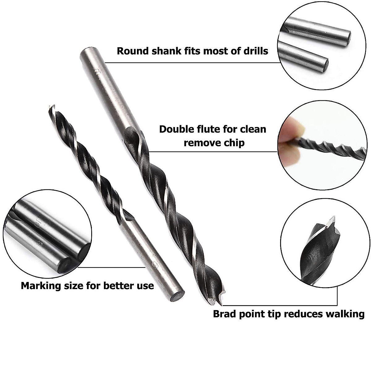 YUENTOEN Brad Point Drill Bit, 8Pcs Carbon Steel Sharp 3-10mm Spiral Twist Wood Drill Bits Set with Storage Bag Power Drill Accessories for Woodworking, Softwood