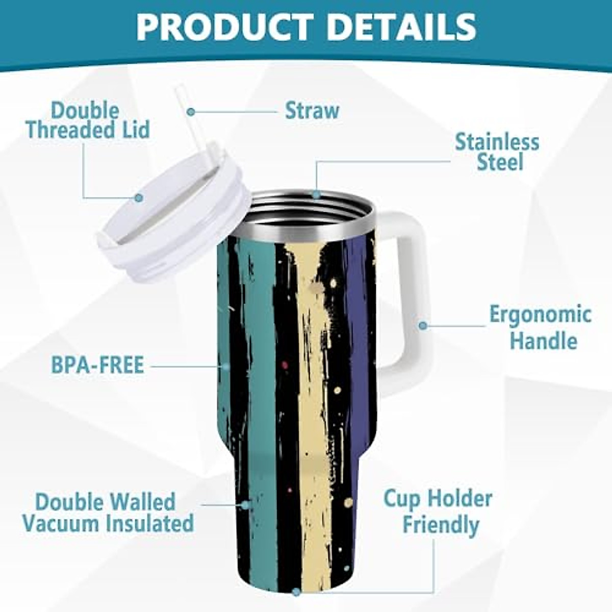 Double Insulated Tumblers 30 Oz with Straw and Handle, Colorful Flag Travel Coffee Tumbler