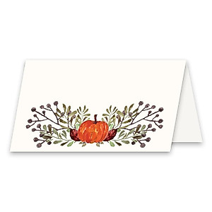 Koko Paper Co Thanksgiving Table Place Cards with Pumpkin and Fall Leaves | 50 Tent Style Dinner Setting Name Cards | Designed and Made in the U.S.A.