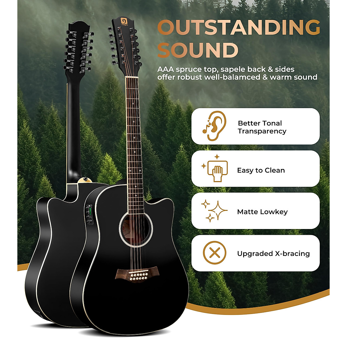 Vangoa 12 String Guitar Acoustic Electric, Upgraded Guitar 12 Strings Bundle for Beginner Intermediate Adults Teens, Guitarra de 12 Cuerdas, Spruce Top Bone Nut, Black, Matte