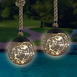 Exhart 2 Solar Hanging Ball Lights, 20 LEDs, Glass w/Rope, Durable Garden Décor Lights, 2pc, 6"x38"