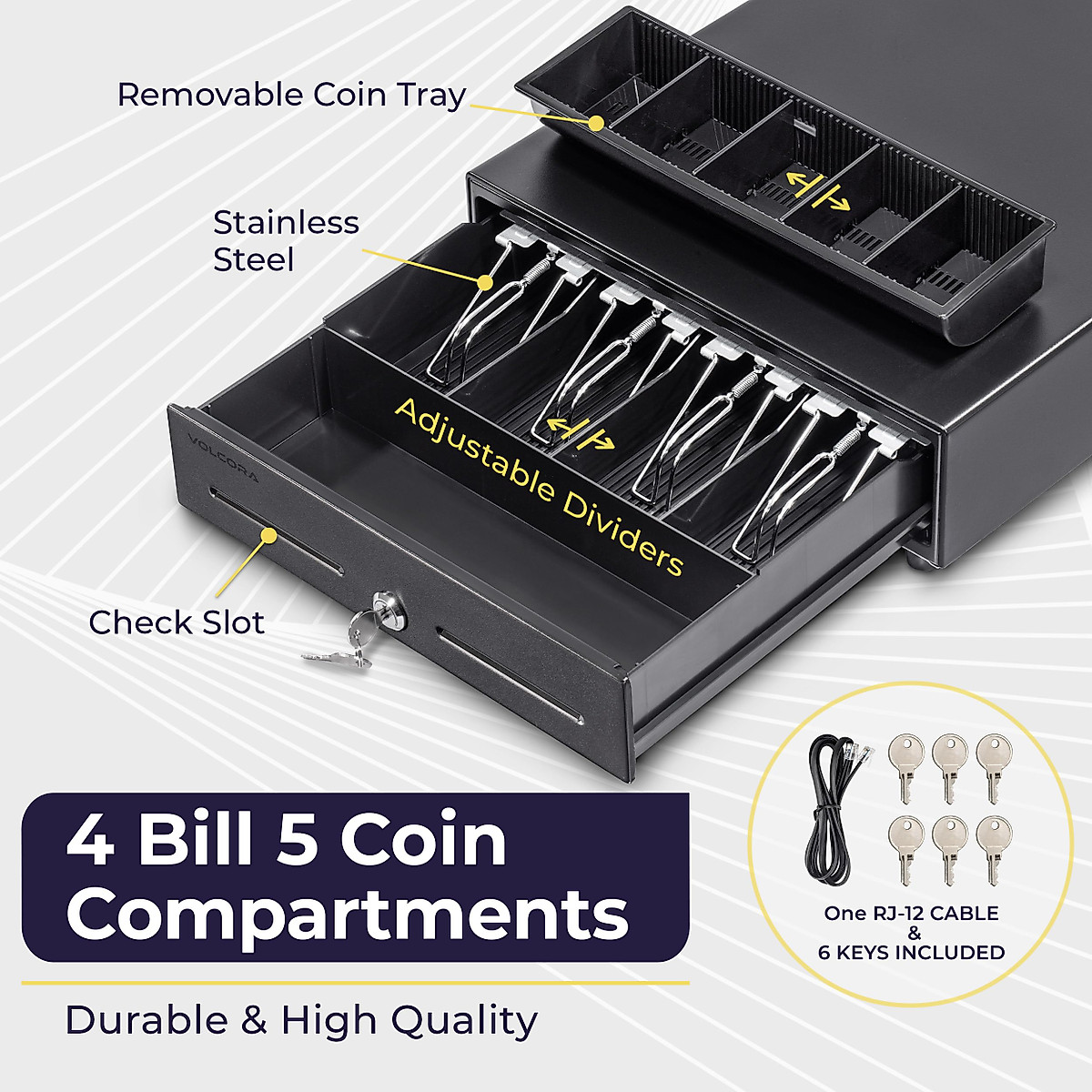 13" Cash Register Drawer for Point of Sale (POS) System with 4 Bill 5 Coin Cash Tray, Removable Coin Compartment, 24V, RJ11/RJ12 Key-Lock, Media Slot, Black - for Stores, Shops, and Businesses