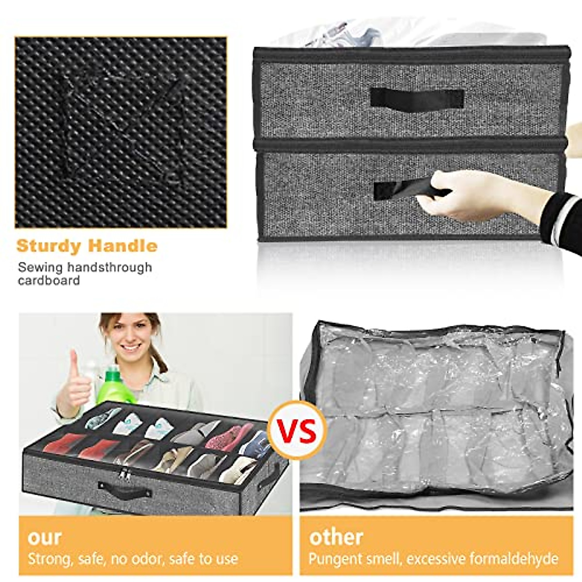 Under Bed Shoe Storage Organizer for Closet Fits 24 Pairs-Sturdy Underbed Shoe Containers Box Bedding Storage Organizador De Zapatos with Clear Cover,Set of 2, 29.3 x 23.6 x 5.9inch(Linen-like Black)