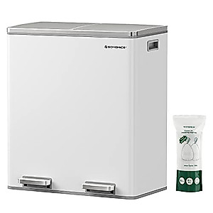 SONGMICS Trash Can, 2 x 8-Gallon Garbage Can for Kitchen, with 15 Trash Bags, 2 Compartments, Plastic Inner Buckets and Hinged Lids, Airtight, White and Gray ULTB60WT