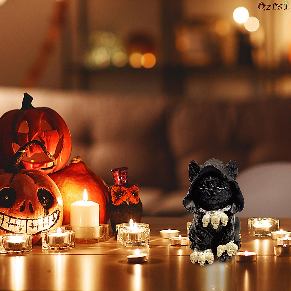 QZFSL Black Cat Sculpture Gargoyle Figurine Magic Hat Kitten for Cute Halloween Decor & Garden Statues Gnome As Patio Statue Lawn Yard Art Decoration Housewarming Garden