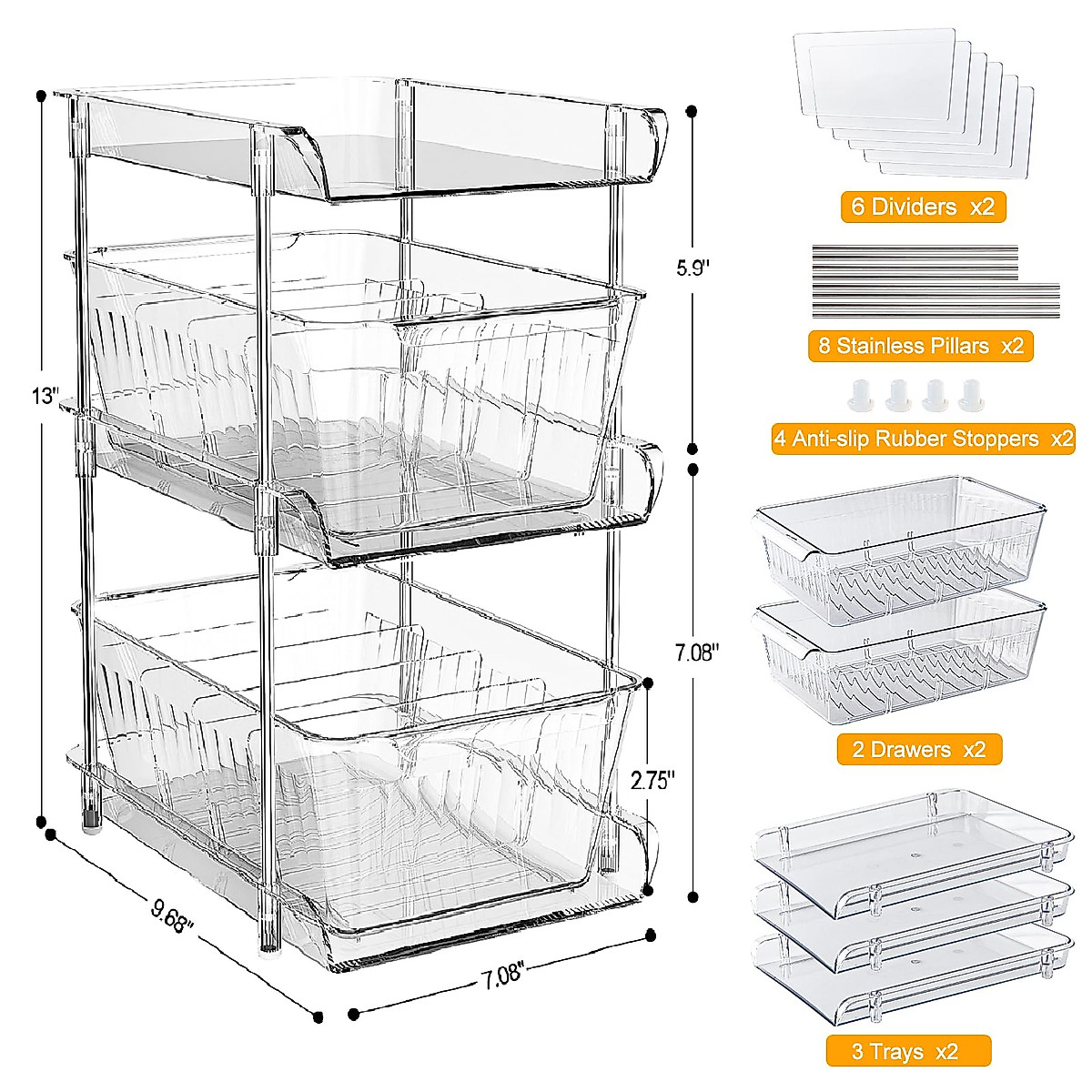GoMaihe Bathroom Organizer Under Sink: 3-tier Clear Pull Out Medicine Cabinet Organizer - Sliding Storage Drawer for Makeup in Small Bathroom & Kitchen | Stackable & Anti-slip & Easy to Clean 2-pack
