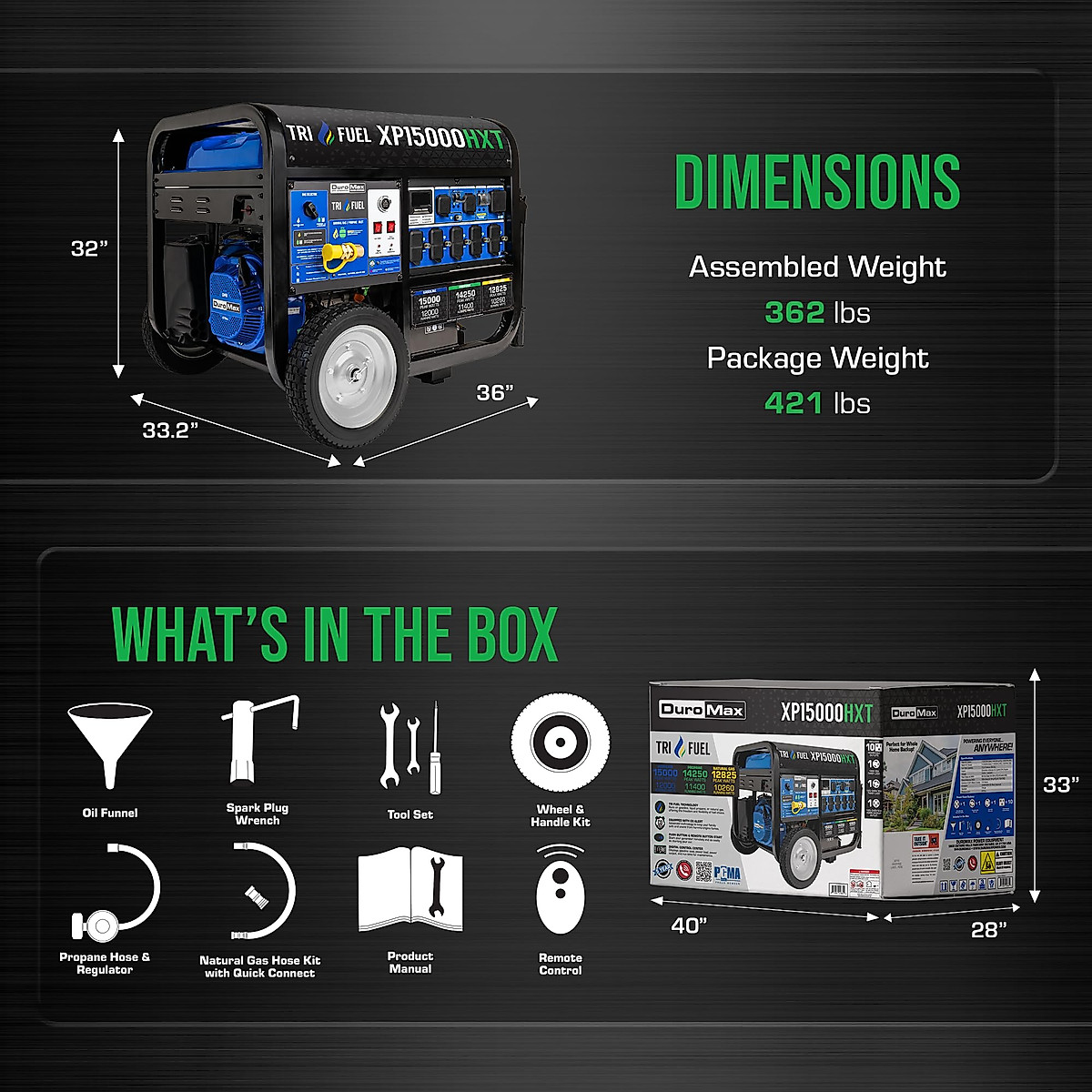 DuroMax XP15000HXT 15,000 Watt Tri Fuel Portable Home Power Backup HXT Generator w/CO Alert